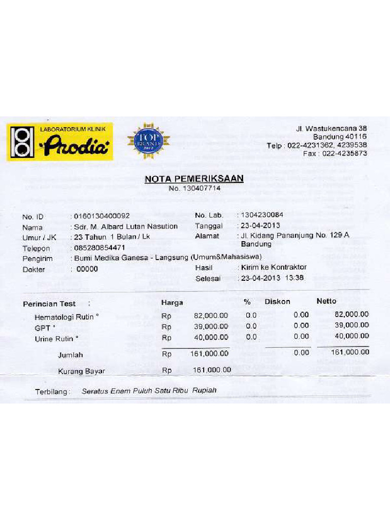 Invoice Laboratorium Dari Prodia | PDF
