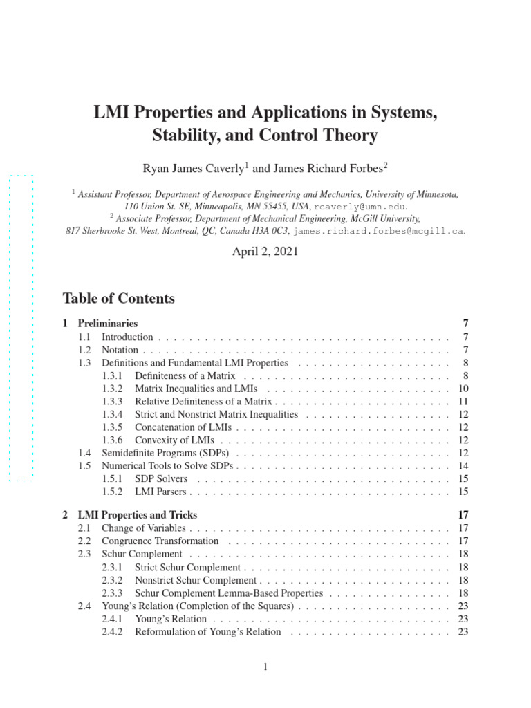 LMI Properties and Applications in Systems, Stability, and Control ...