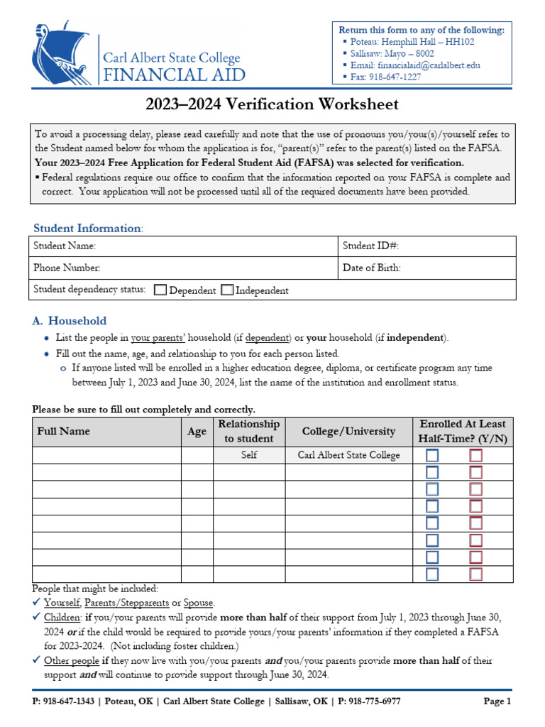 2023-2024 FAFSA Verification Worksheet | PDF | Internal Revenue Service | Government Finances