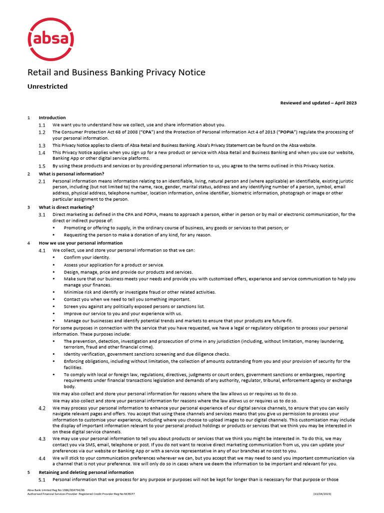 Absa Retail Banking Privacy Notice 2023 | PDF | Information Security ...