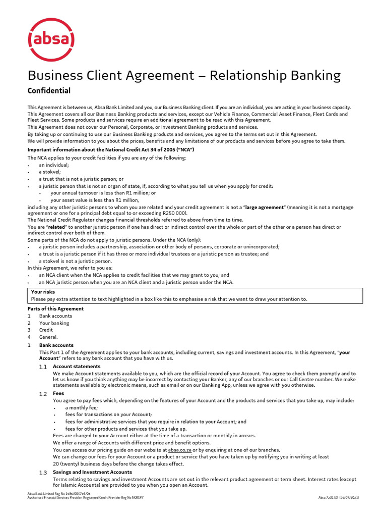 Absa Business Banking Client Agreement | PDF | Credit Card | Debit Card