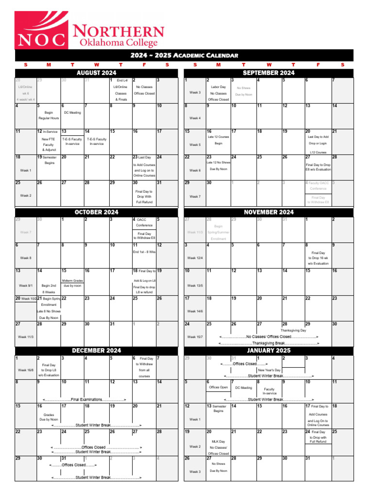 2024 2025 NOC Academic Calendar | PDF | Academic Term | Educational Institutions