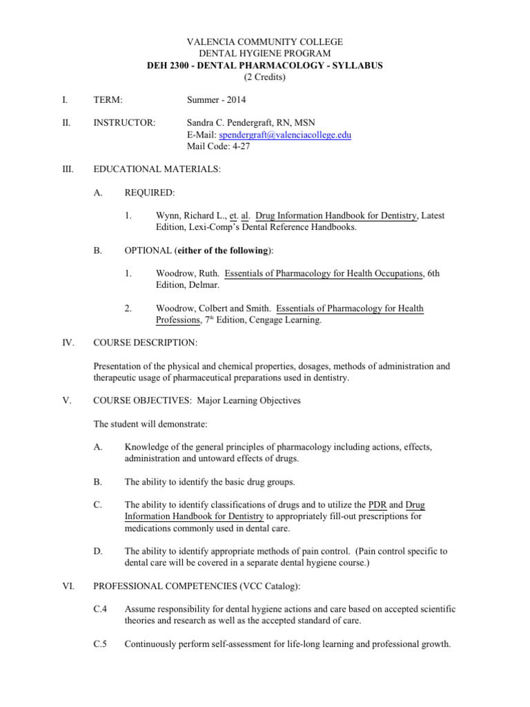 Dental Hygiene Pharm Syllabus 2014 | PDF | Pharmacology | Dentistry