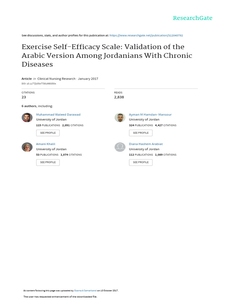 Exercise Self-Efficacy Scale Validation of The Ara | PDF