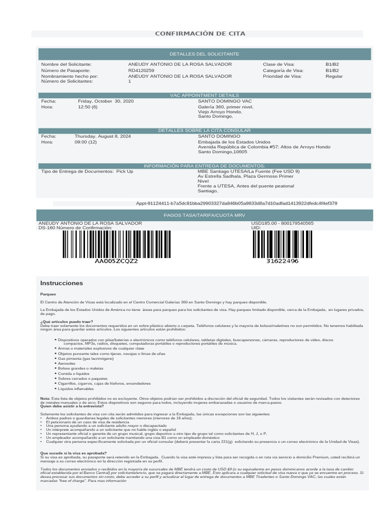 Confirmación de Cita | PDF | Visa de viaje