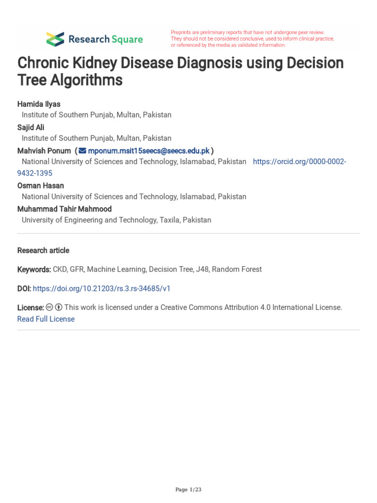 Chronic Kidney Disease Diagnosis Using Decision TR | PDF | Sensitivity ...