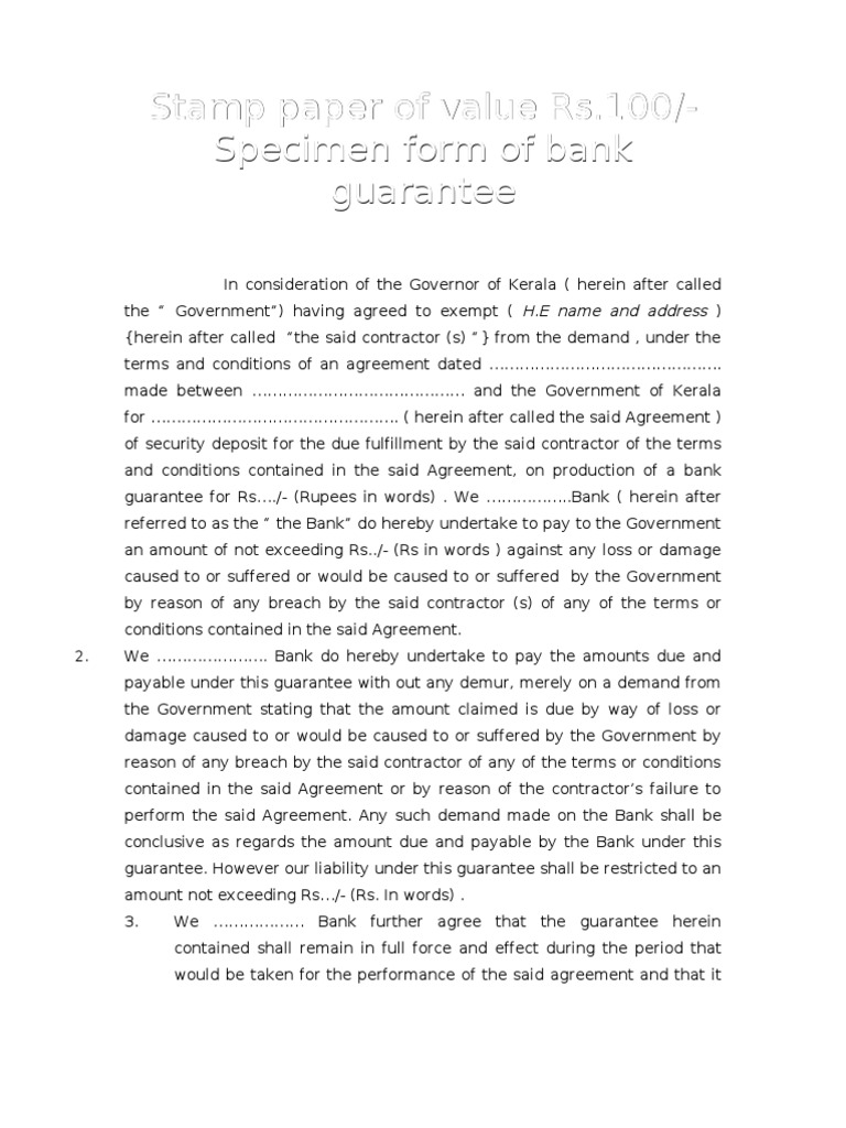 Stamp Paper of Value Rs.100/-Specimen Form of Bank Guarantee | PDF ...