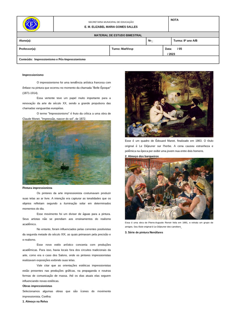 Impressionismo e Pós Impressionismo Gabarito | PDF | Impressionismo | Edgar Degas