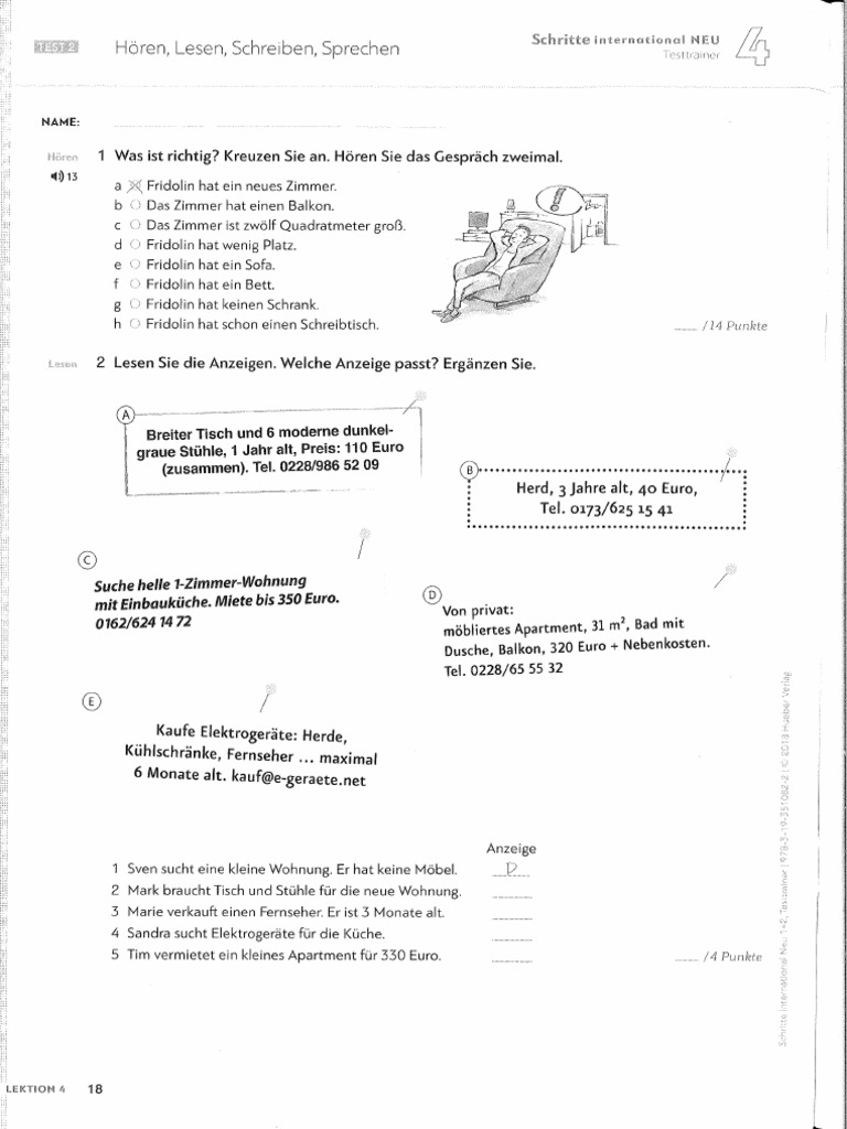 Test Zur Lektion 4 Schritte Neu A1.1 | PDF