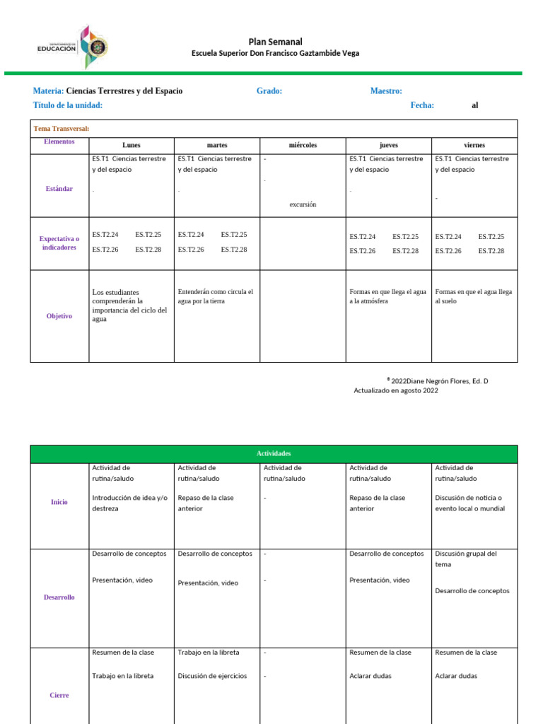 Plan Semanal 3-Oct-2022 7-Oct-2022 Prof Miranda | PDF