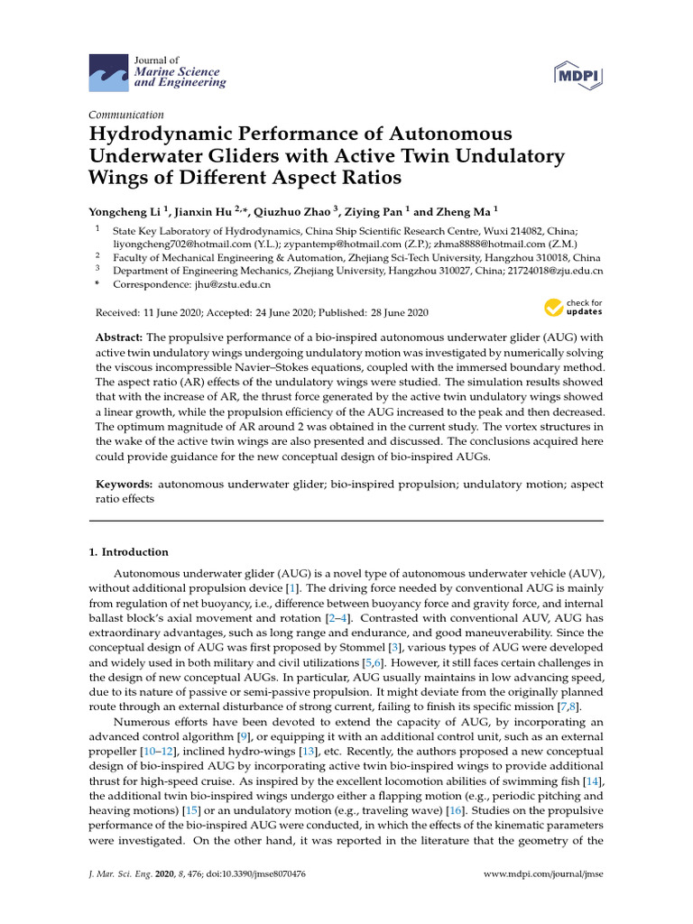 Hydrodynamic Performance of Autonomous Underwater Gliders With Active Twin Undulatory Wings of ...