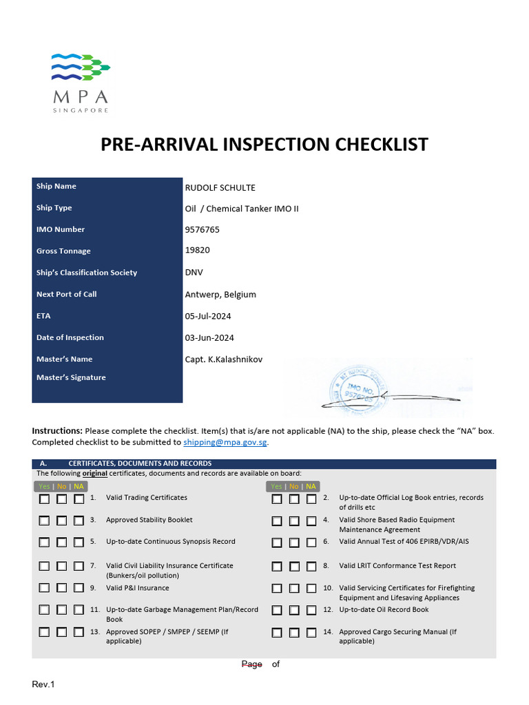 Pre-Arrival Checklist for SRS Rev.1 (03.07.2024) | PDF | Pump | Fuel Oil