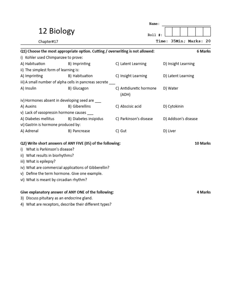 12th Biology Chapter-17 and 21 | PDF | Meiosis | Hormone