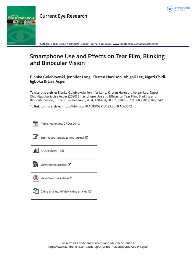 Smartphone Use and Effects On Tear Film Blinking and Binocular Vision ...