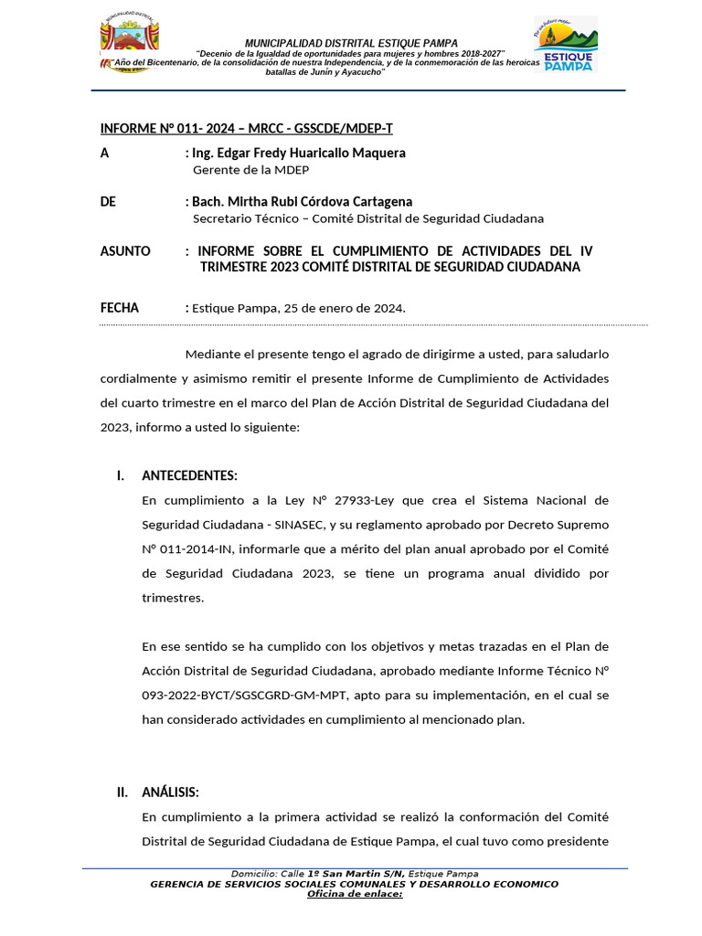 Informe 011 Informe Del Cuarto Trimestre de Codisec | PDF | Trabajo Social | La violencia contra ...