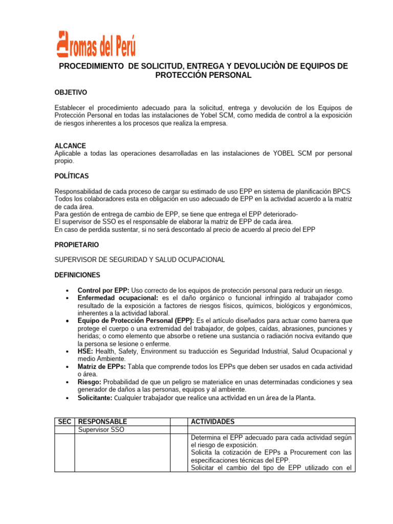 Procedimiento de Solicitud, Entrega y Devolución de EPPs | PDF | Seguridad y salud ocupacional