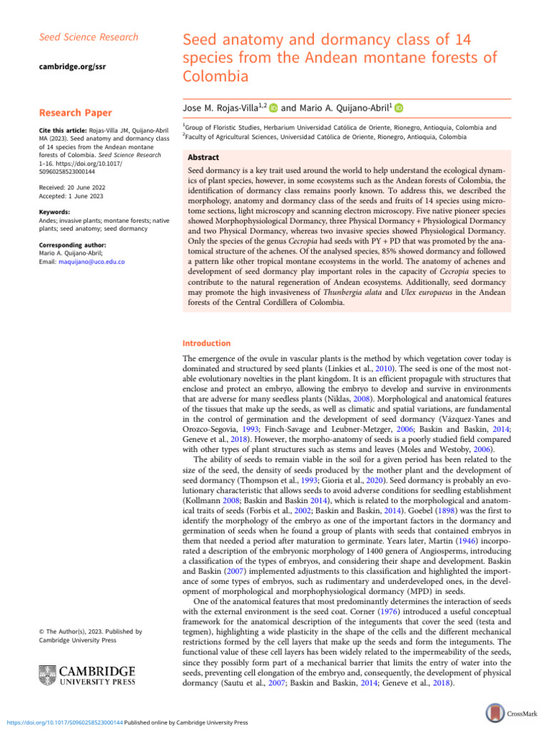 Seed Anatomy and Dormancy Class of 14 Species From The Andean Montane ...