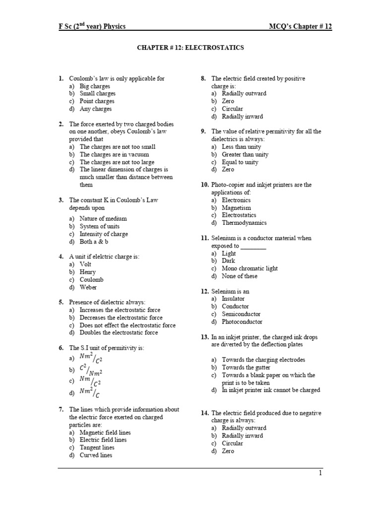 12thclass-Physics ch#1 Mcqs | PDF | Electric Field | Capacitor