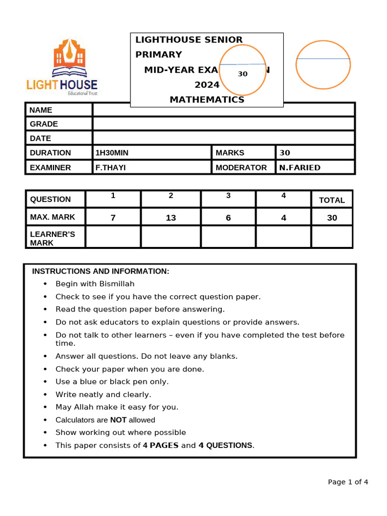 Maths GR 6 T2 Examination | PDF | Angle | Numbers