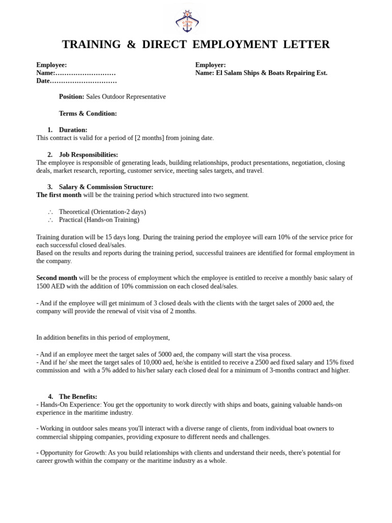 Training & Direct Employment Letter | PDF | Employment | Salary