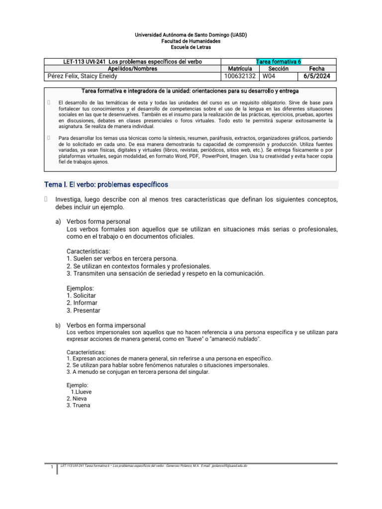 LET-113 UVI-241 Tarea Formativa 6 | PDF | Verbo | Mecánica del lenguaje
