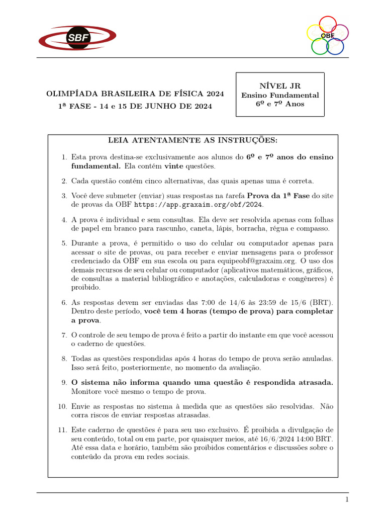 OBF 2024 Fase 1 Nivel JR | PDF | Viscosidade | Dióxido de carbono