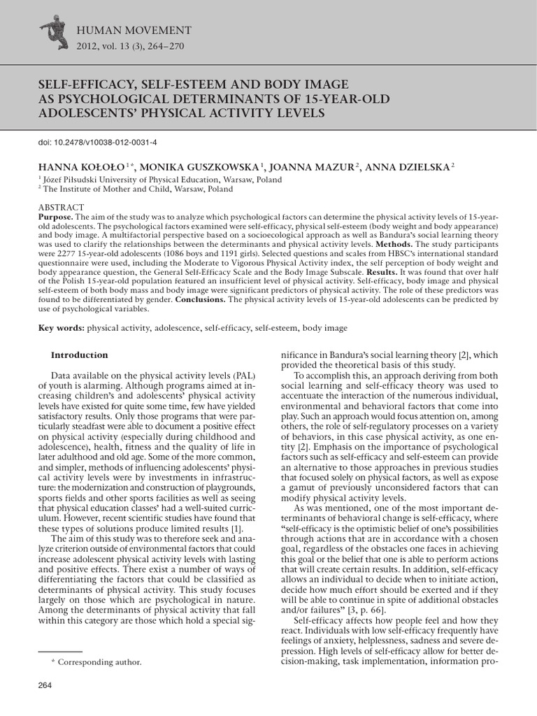 Self-Efficacy, Self-Esteem and Body Image As Psychological Determinants of 15-Year-Old ...