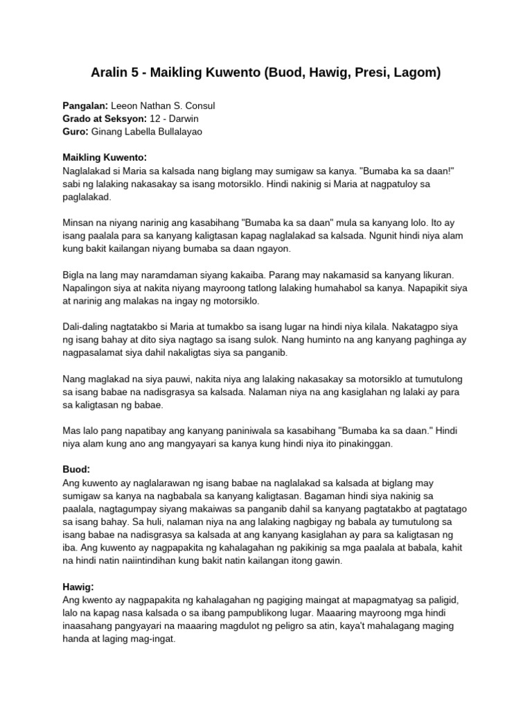 Aralin 5 Maikling Kuwento Buod Hawig Presi Lagom 2 | PDF