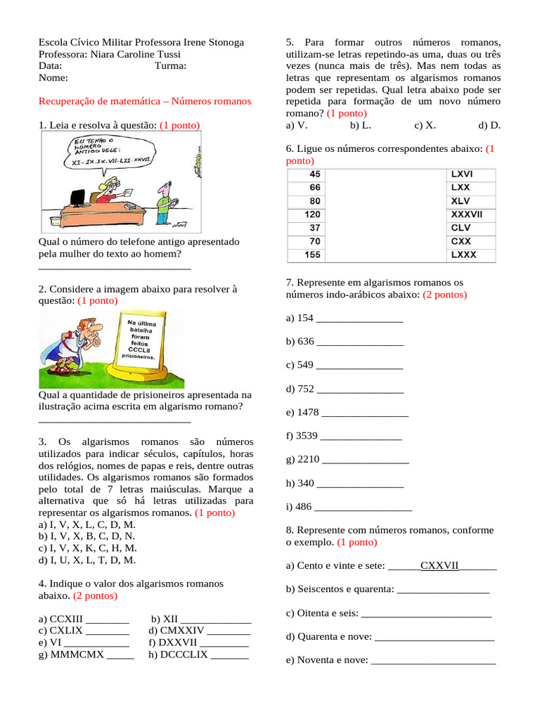 Exercícios sobre Números Romanos | PDF | Matemática | Notação matemática