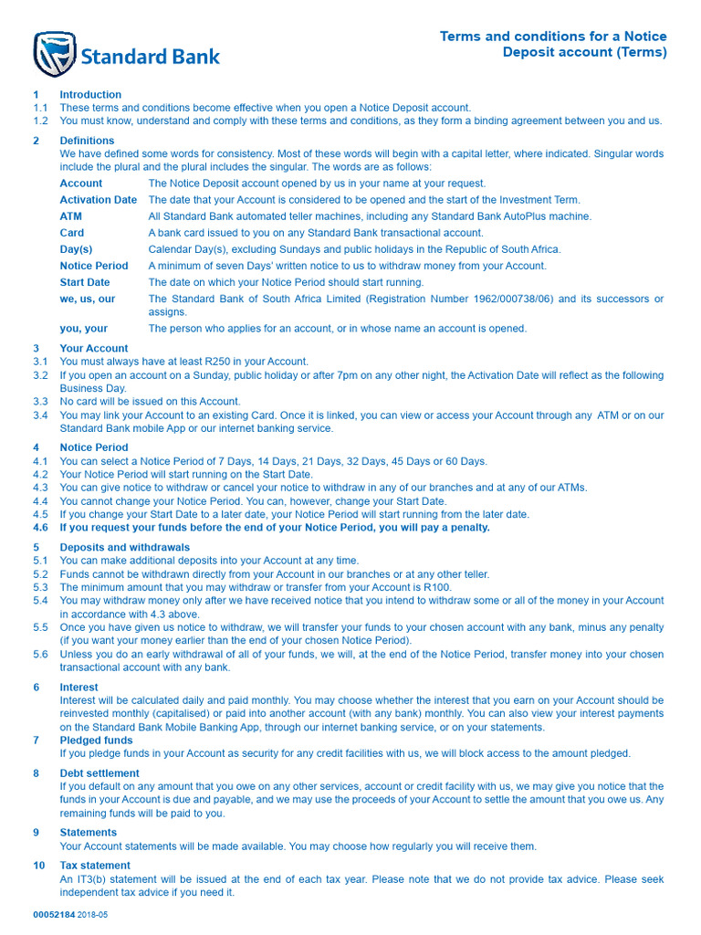 Standard Bank Notice Deposit Terms | PDF | Banks | Line Of Credit