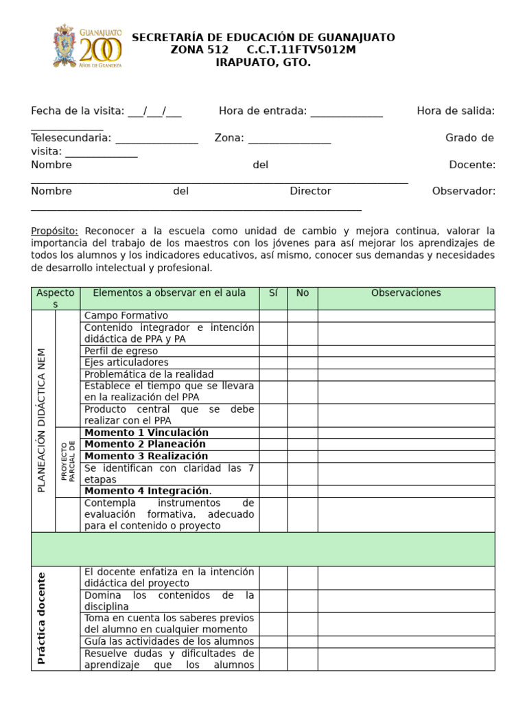 FORMATO 1 VISITAS AL AULA (2) | PDF | Maestros | Salón de clases