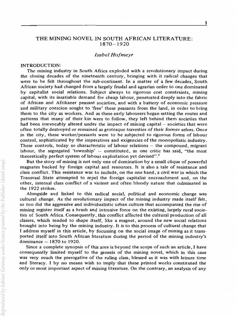 Hofmeyr 1978 The Mining Novel in South African Literature 1870 1920 ...