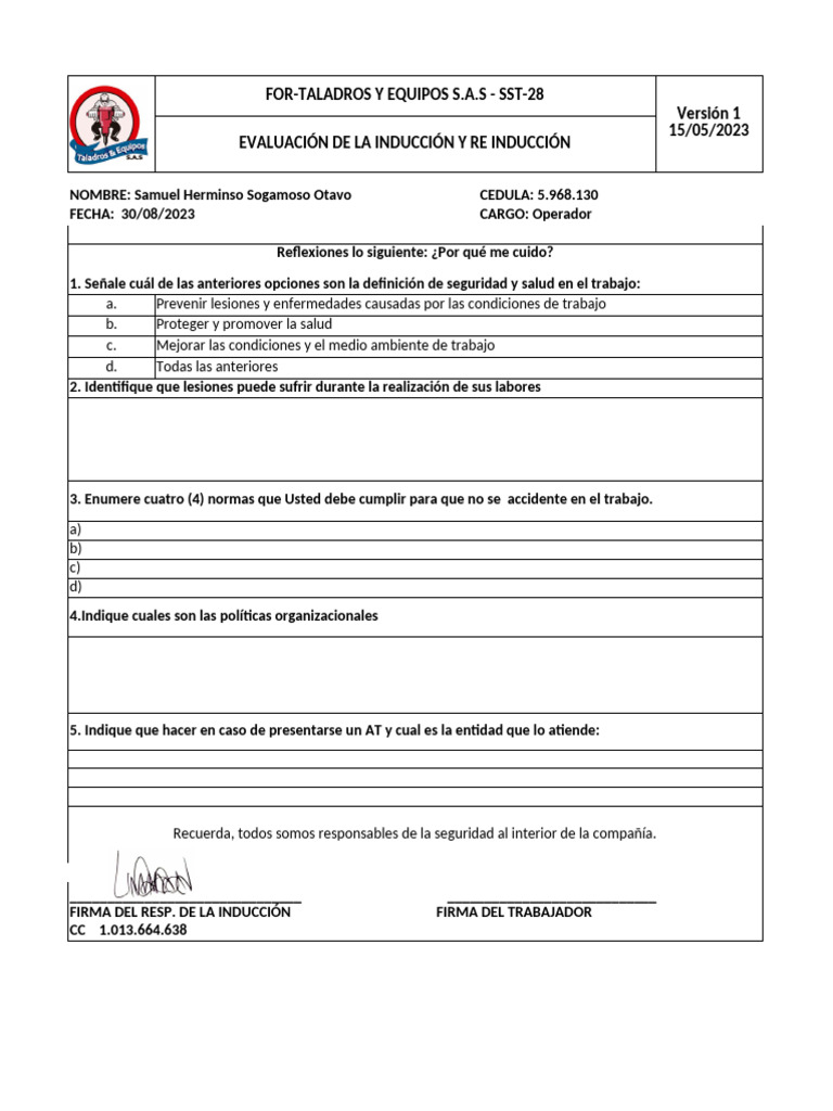 For-Taladros y Equipos - Sst-28 Evaluacion de Induccion y Reinduccion. Samuel | PDF | Negocios