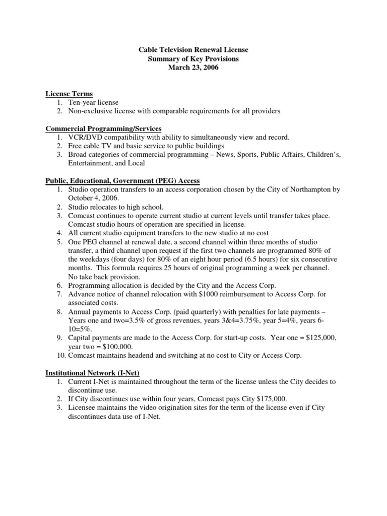 Cable Television Renewal License Summary of Key Provisions | PDF ...