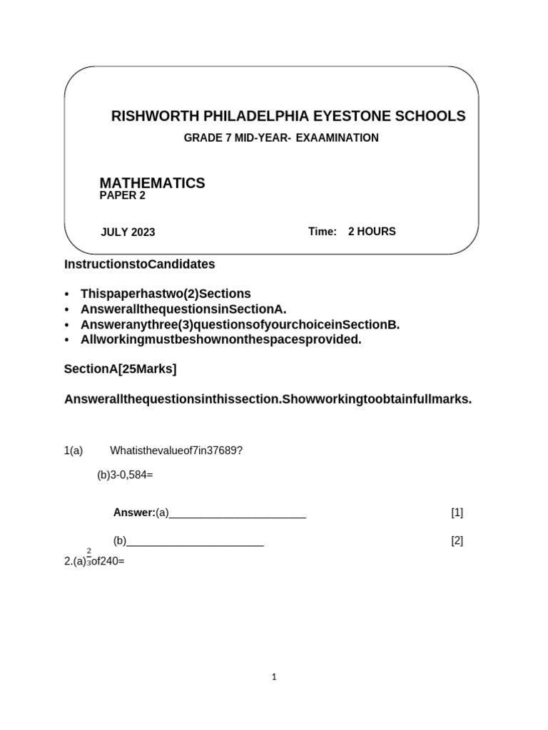Grade 7 Maths Paper Download