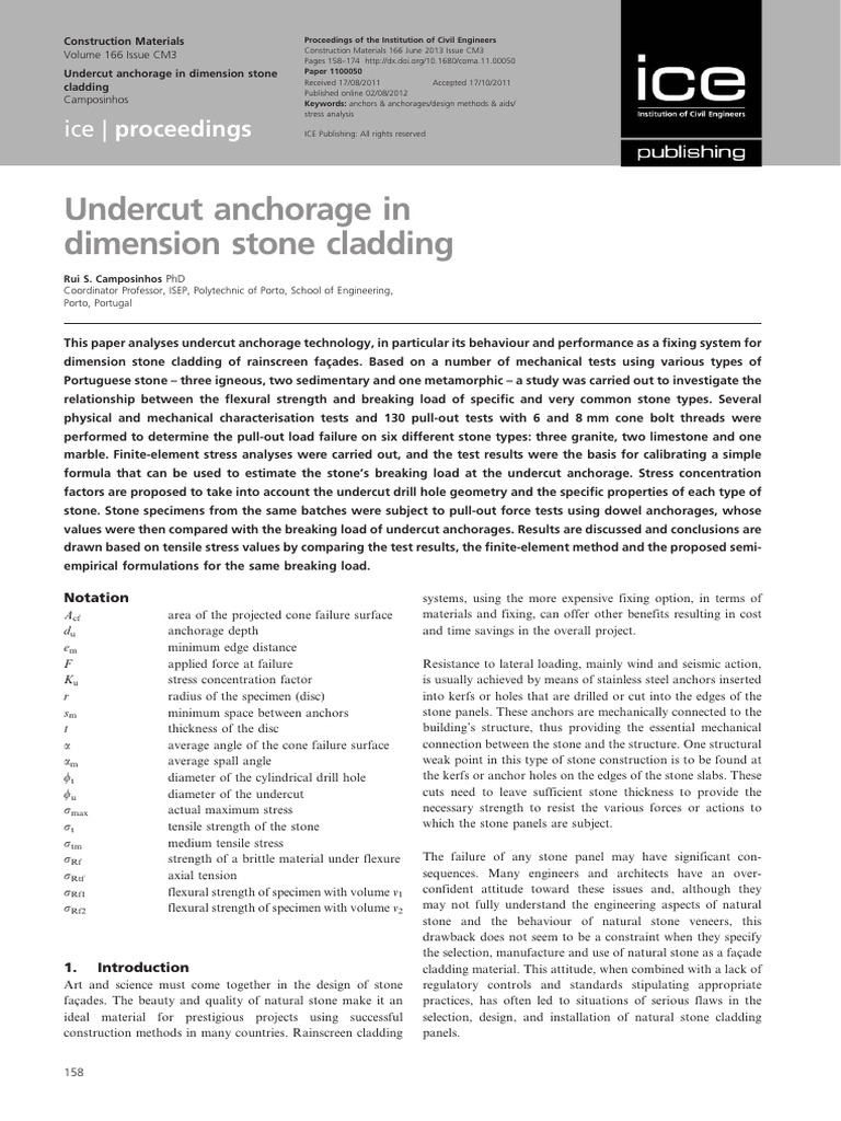 Undercut Anchorage in Dimension Stone Cladding | PDF | Strength Of ...