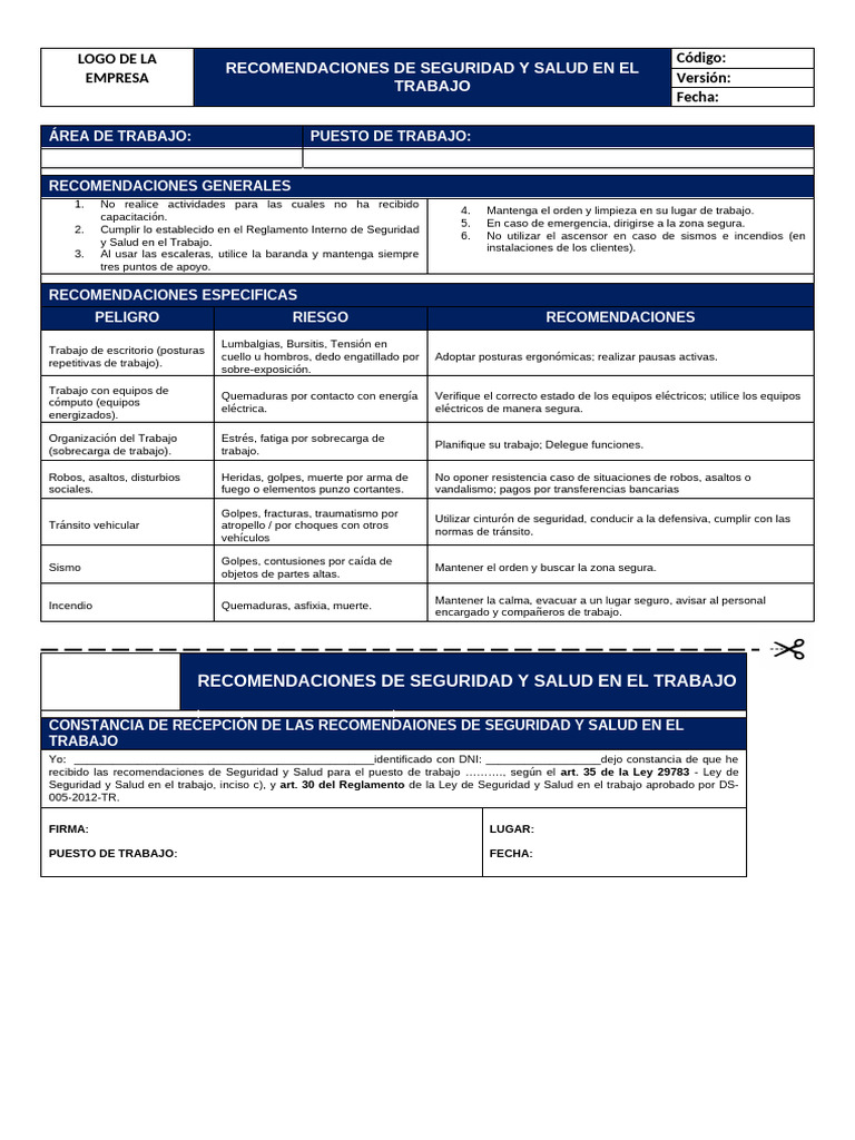 Formato de Recomendaciones SST - 1 | PDF
