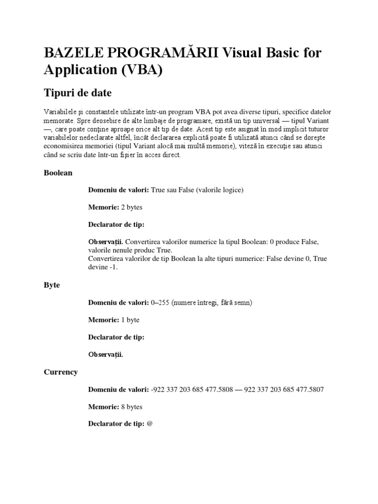 BAZELE PROGRAMĂRII Visual Basic For Application | PDF