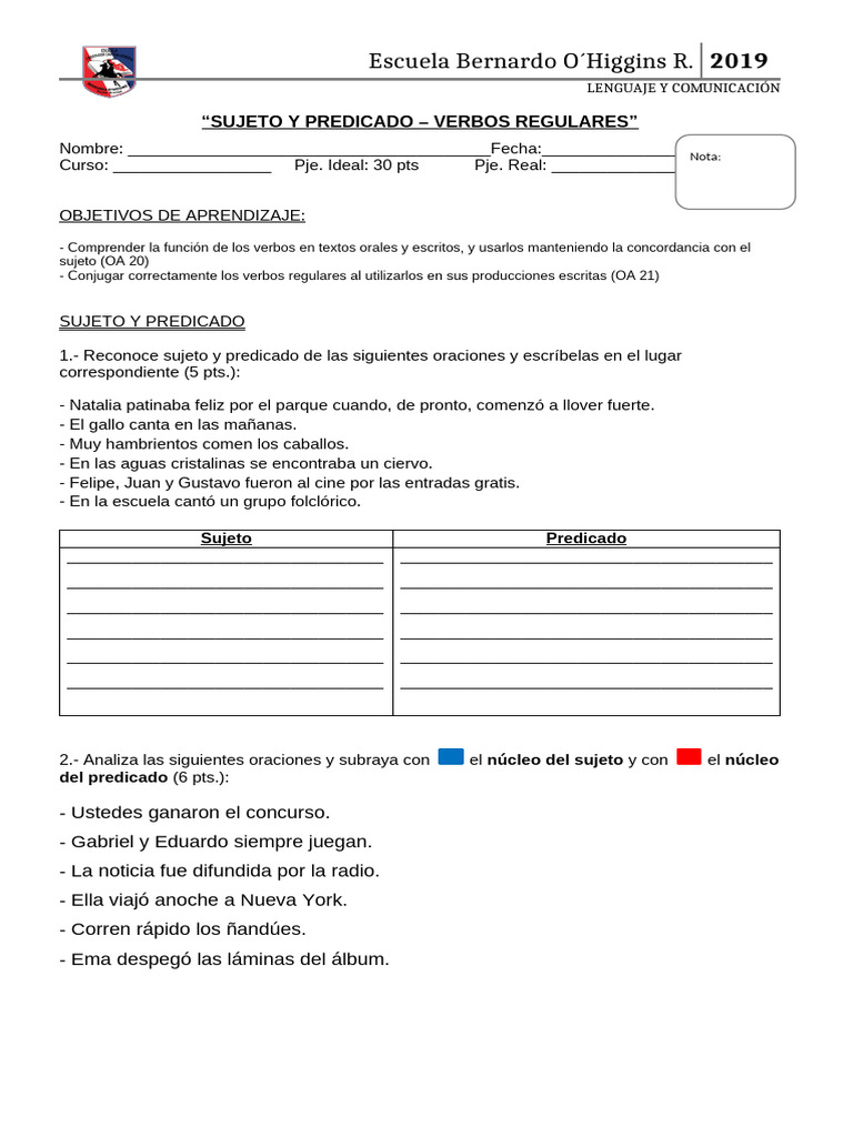 Sujeto y Predicado en Verbos Regulares | PDF | Verbo | Predicado ...