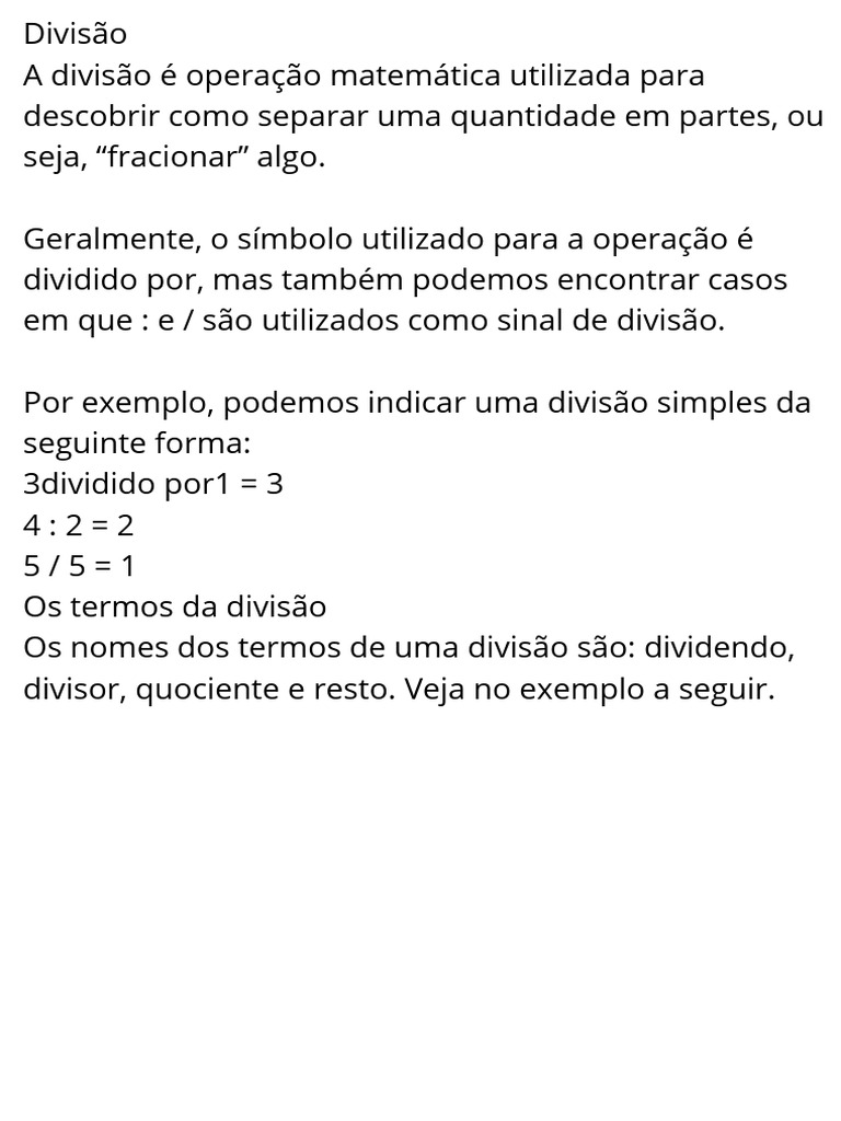 Divisão A Divisão É Operação Matemática Utilizada para Descobrir Como ...
