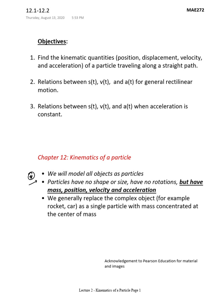 Lecture 2 Kinematics Of A Particle Pdf Kinematics Acceleration