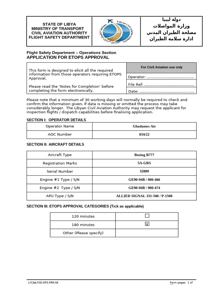 Libya ETOPS Approval Application | PDF | Aviation | Aircraft