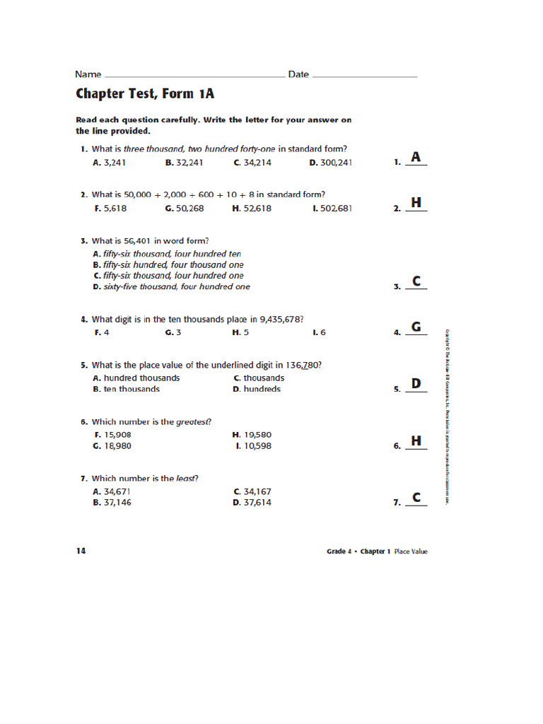 Grade 4 Quiz 1 Answers | PDF