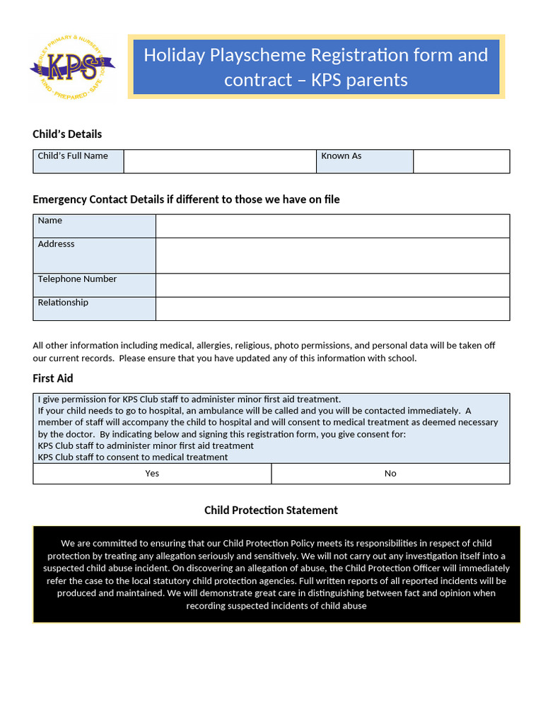 Kps Club Kps Children Playscheme Registration Form 1 | PDF | Child ...