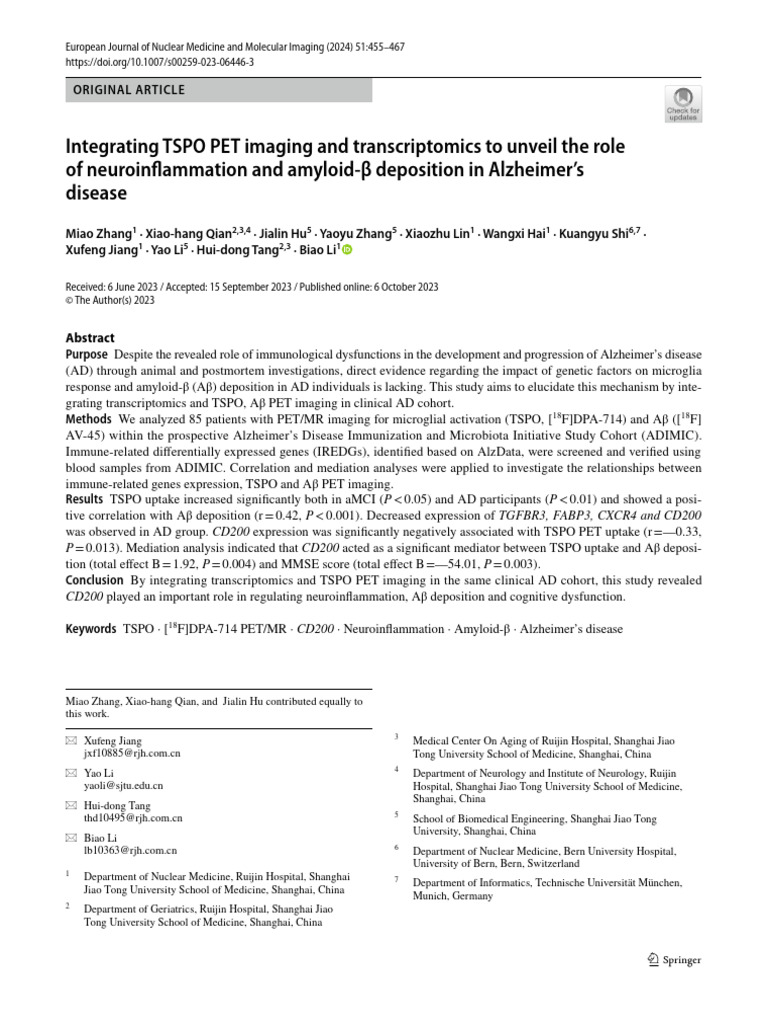 Integrating TSPO PET imaging and transcriptomics to unveil the role of neuroinflammation and ...