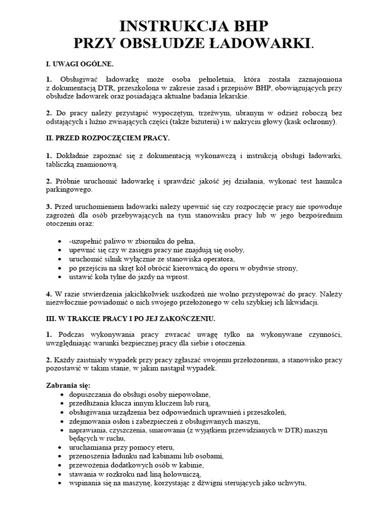 Instrukcja BHP Przy Obsłudze Ładowarki | PDF