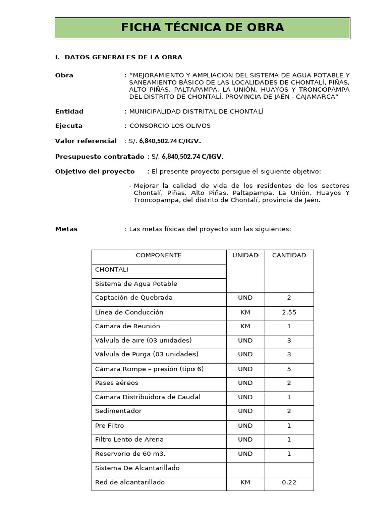 Ficha Tecnica de La Obra Ok | PDF | Alcantarillado | Saneamiento
