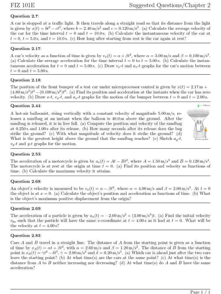 Fiz101e Suggested Questions ch2 | PDF | Velocity | Acceleration