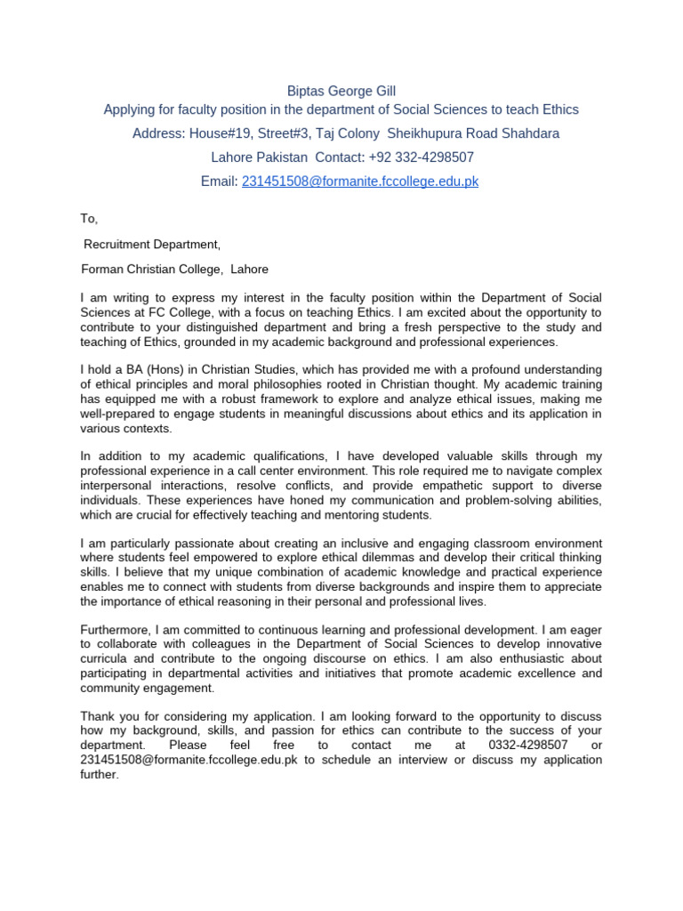 Cover Letter For Ethics Faculty at College | PDF | Critical Thinking ...