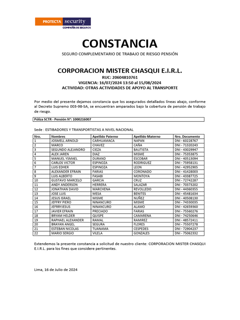 Constancia SCTR para Transportistas | PDF